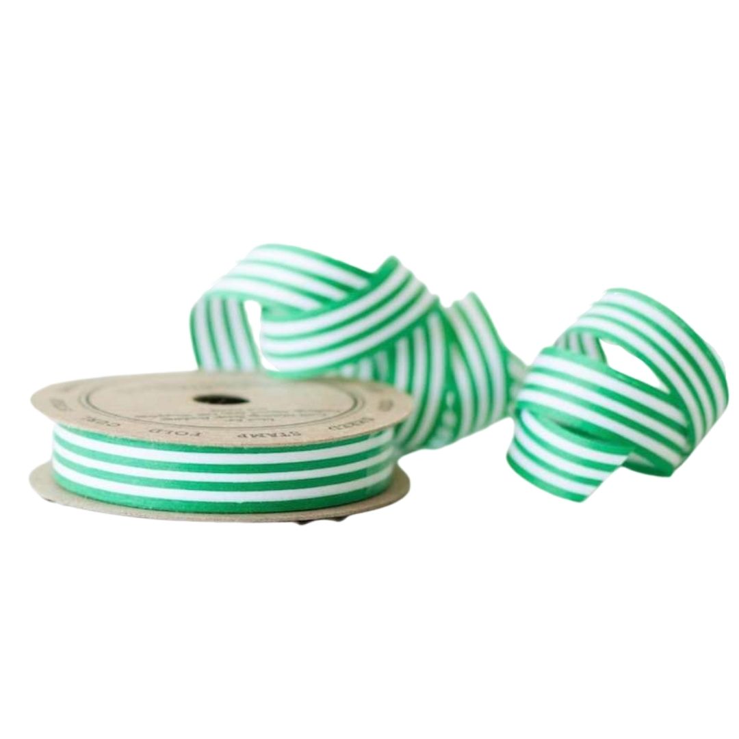 Eco-friendly Cotton Ribbon in Green & White Stripe - Wrappily